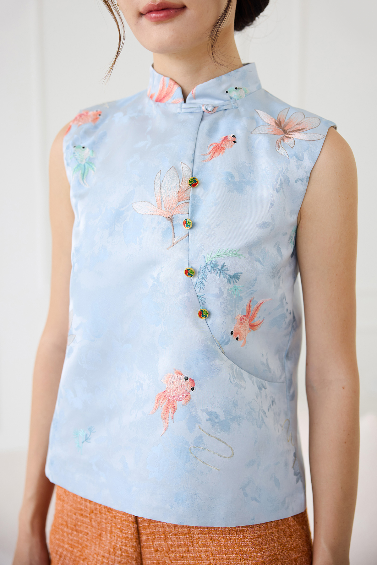 Rising Fortunes Cheongsam Top In Blue Goldfish Prints | Kind To Kind