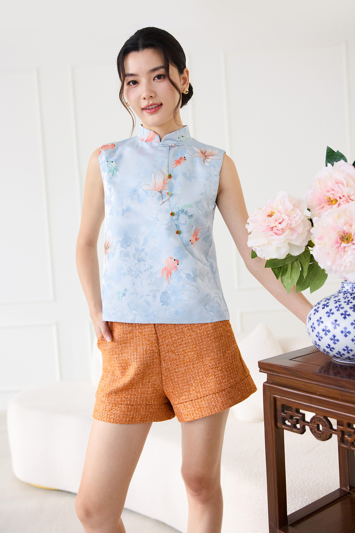 Rising Fortunes Cheongsam Top In Blue Goldfish Prints | Kind To Kind