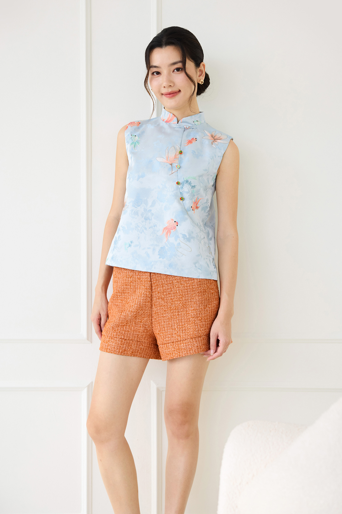 Rising Fortunes Cheongsam Top In Blue Goldfish Prints | Kind To Kind